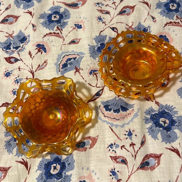 Fenton | Accents | Orange Iridescent Fenton Basket Weave Cutout Bowl Set Fenton Is No Longer ...